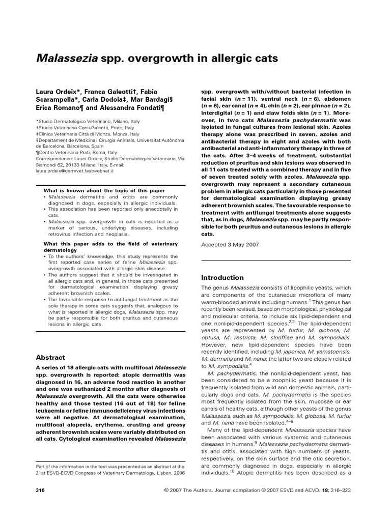 Ordeix. 2007. Malassezia Spp. Overgrowth in Allergic Cats | PDF ...