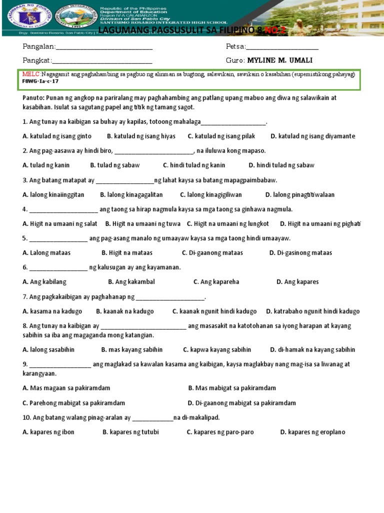 2nd Summative Test Filipino 8 | PDF