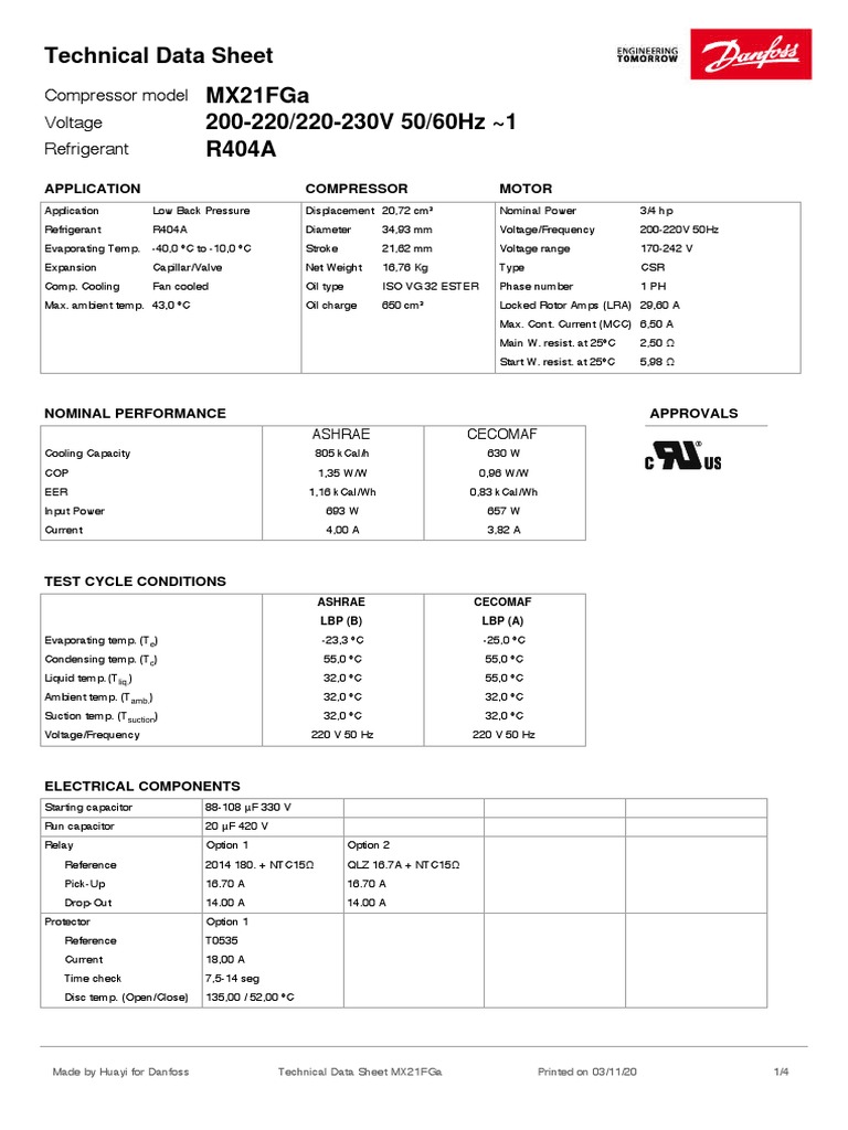 Technical Data Sheet Mx21Fga 200-220/220-230V 50/60Hz 1 R404A | PDF ...