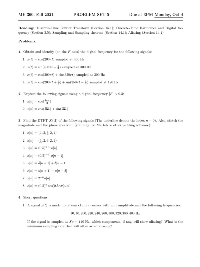 ME 360, Fall 2021 Problem Set 5 Due at 3PM Monday, Oct 4 | PDF | Spectral Density | Algorithms