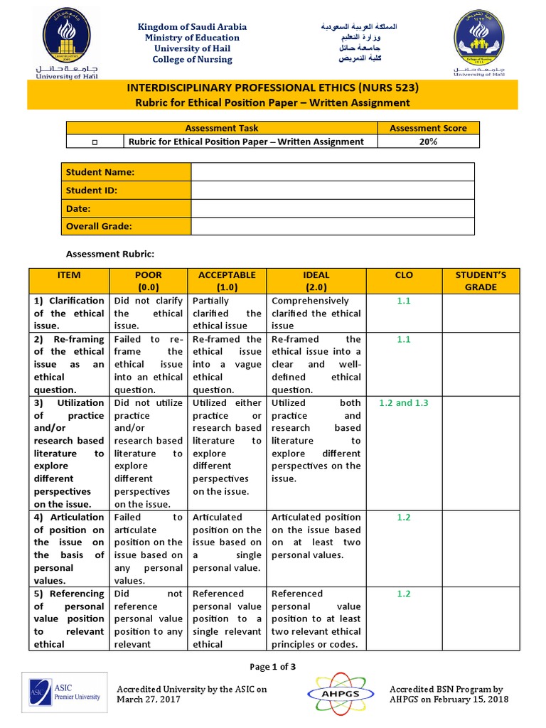 Rubric For Ethical Position Paper Written Assignment | PDF | Rubric (Academic) | Cognition