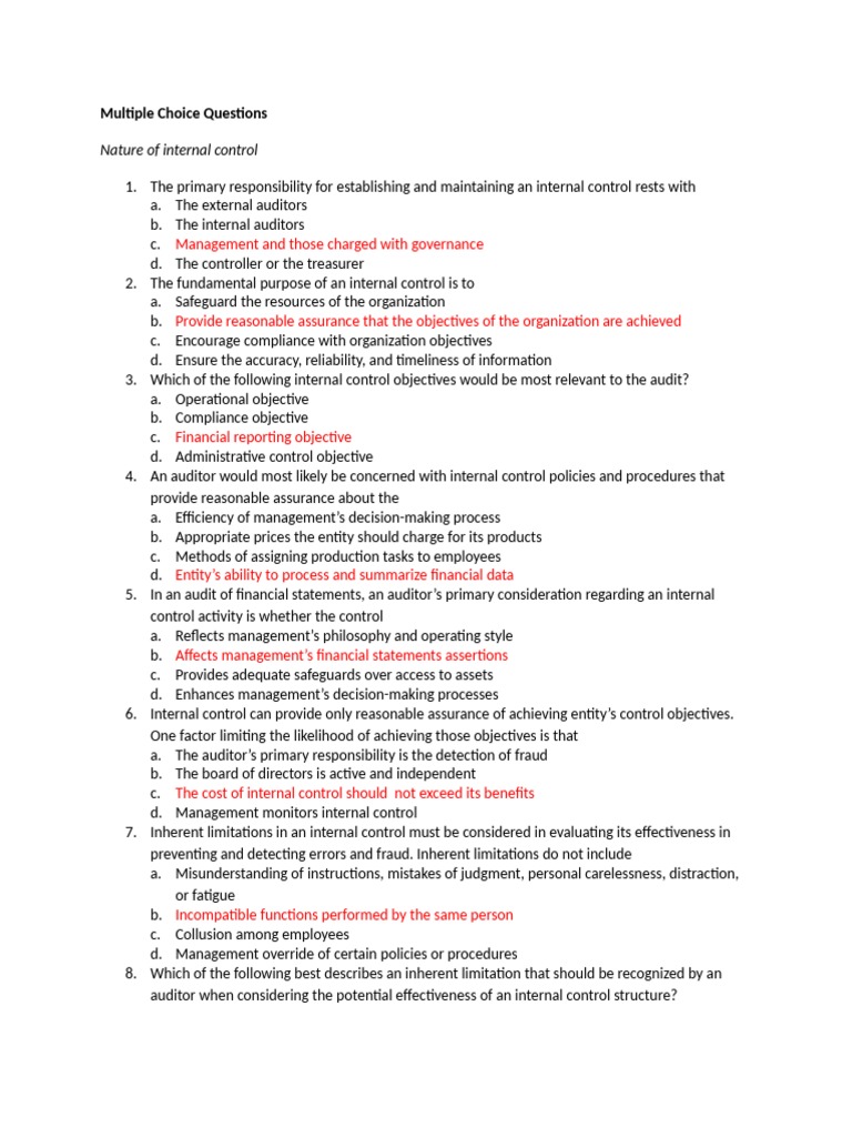 Nature of Internal Control: Multiple Choice Questions | PDF | Internal ...
