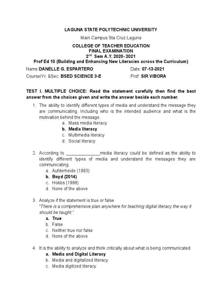 Prof Ed 10 Final Exam: New Literacies | PDF | Literacy | Curriculum