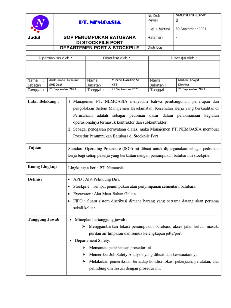 SOP PENUMPUKAN BATUBARA DI STOCKPILE PORT | PDF