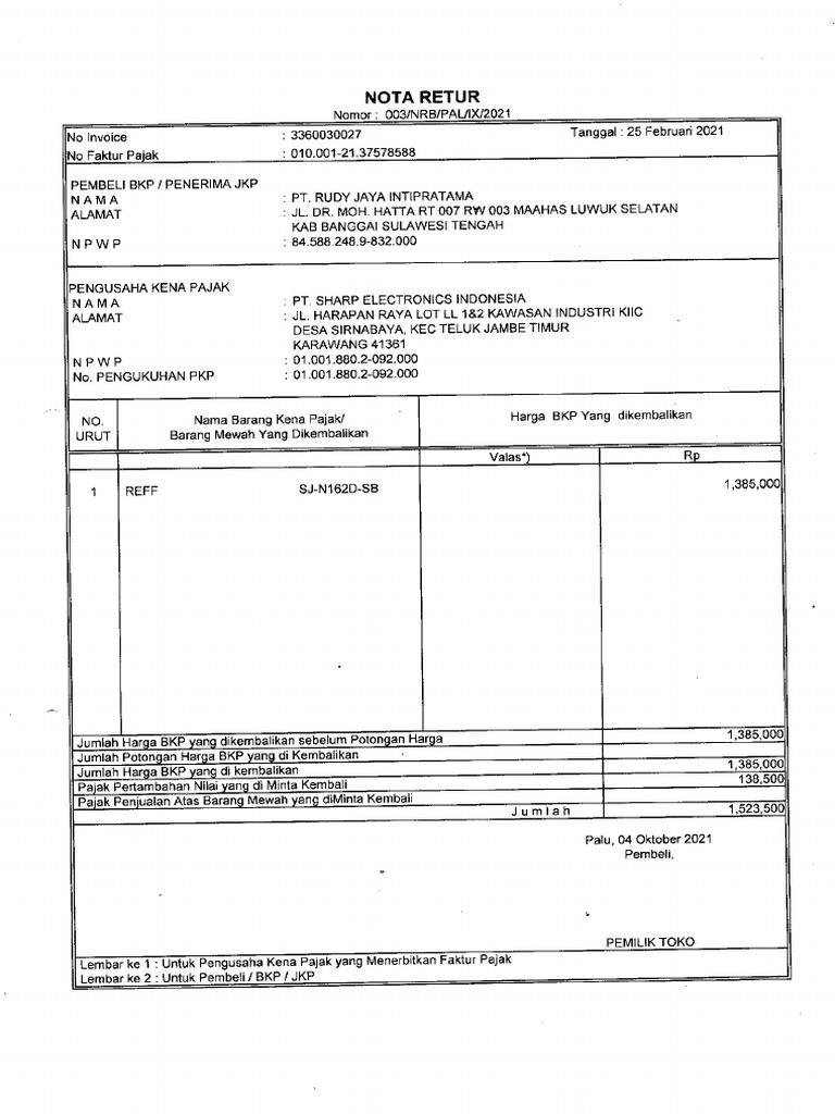 Contoh Nota Retur Pajak | PDF