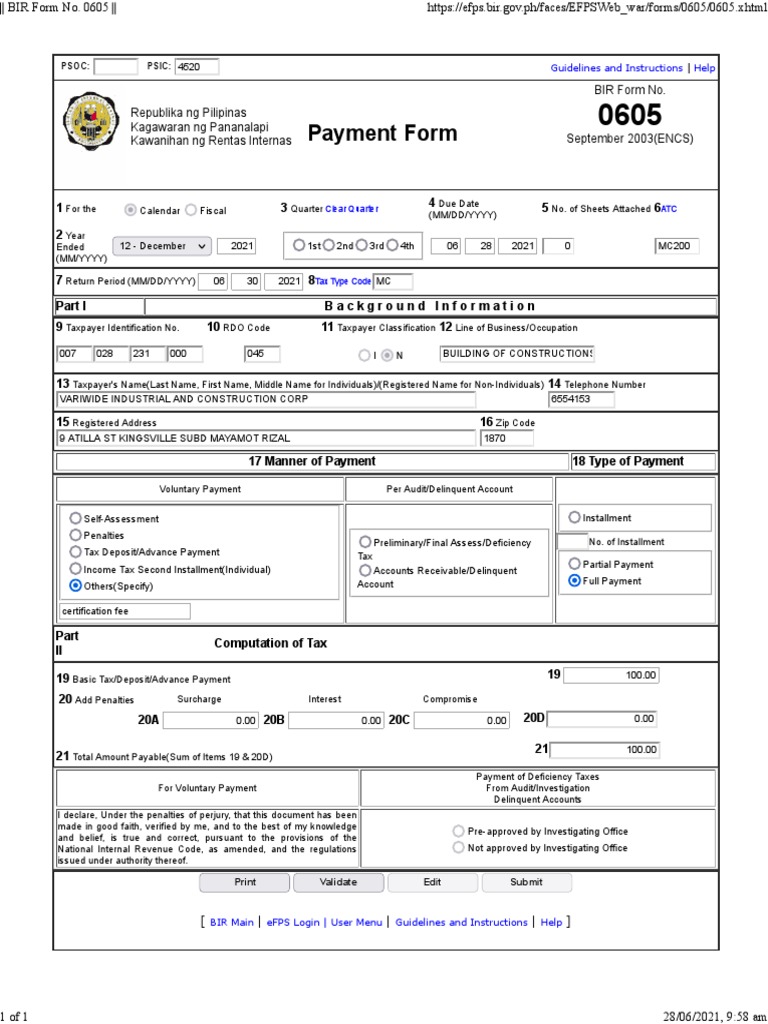 BIR Form No. 0605 | PDF | Taxes | Payments