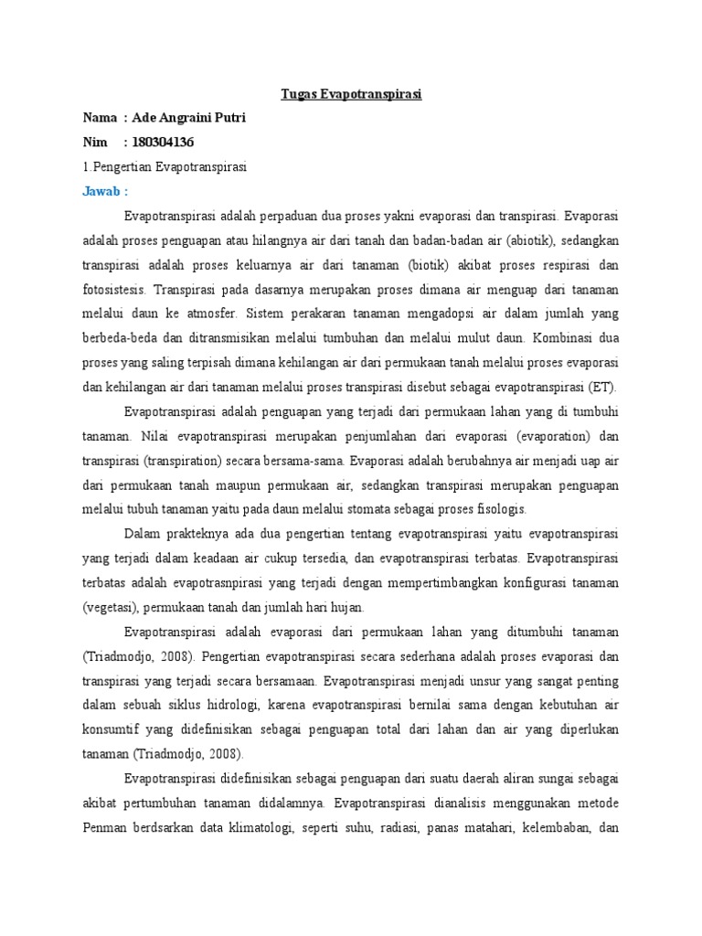 Ade Angraini Putri - Tugas Evapotranspirasi | PDF