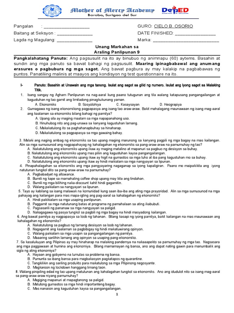 GRADE 9 - 1st Quarter | PDF