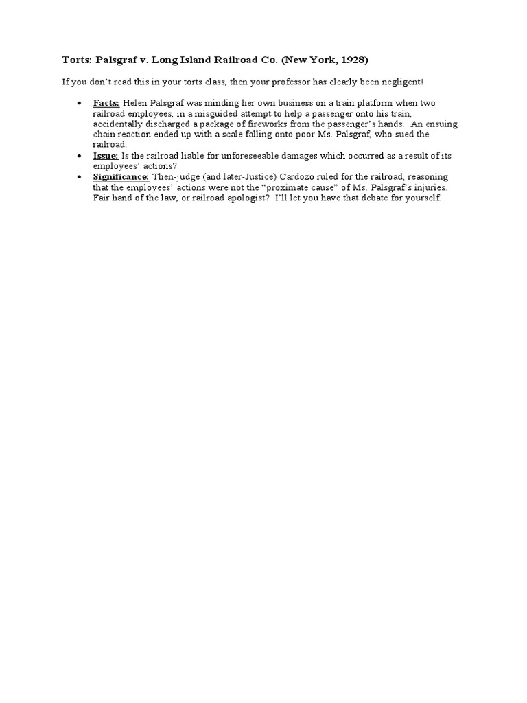 Torts - Palsgraf Case Brief | PDF | Young Adult