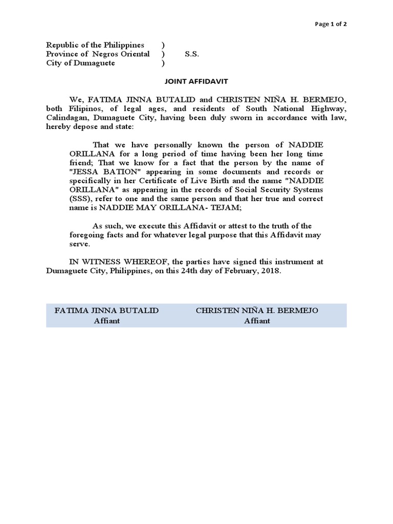 Joint Affidavit of Name Confirmation | PDF | Affidavit | Public Law
