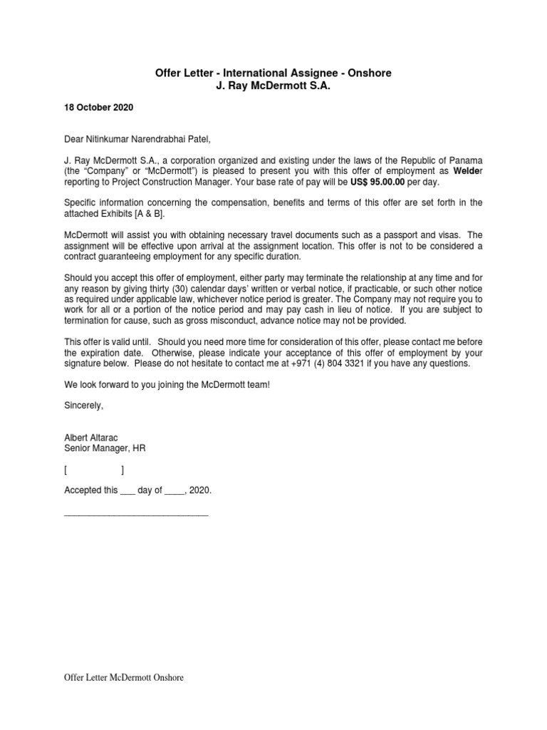 McDermott Onshore Job Offer Letter | PDF | Employment | Working Time