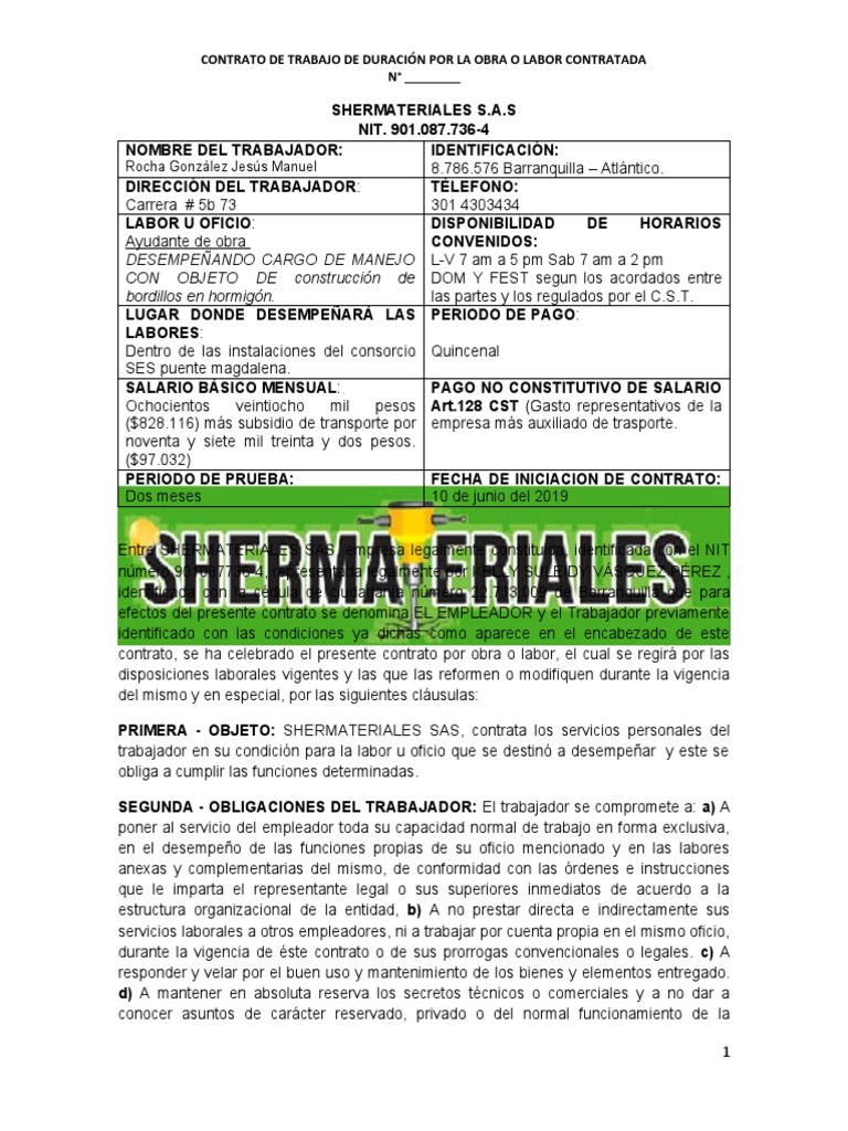 Modelo de Contrato de Trabajo Por Obra o Labor | PDF | Salario | Derecho laboral