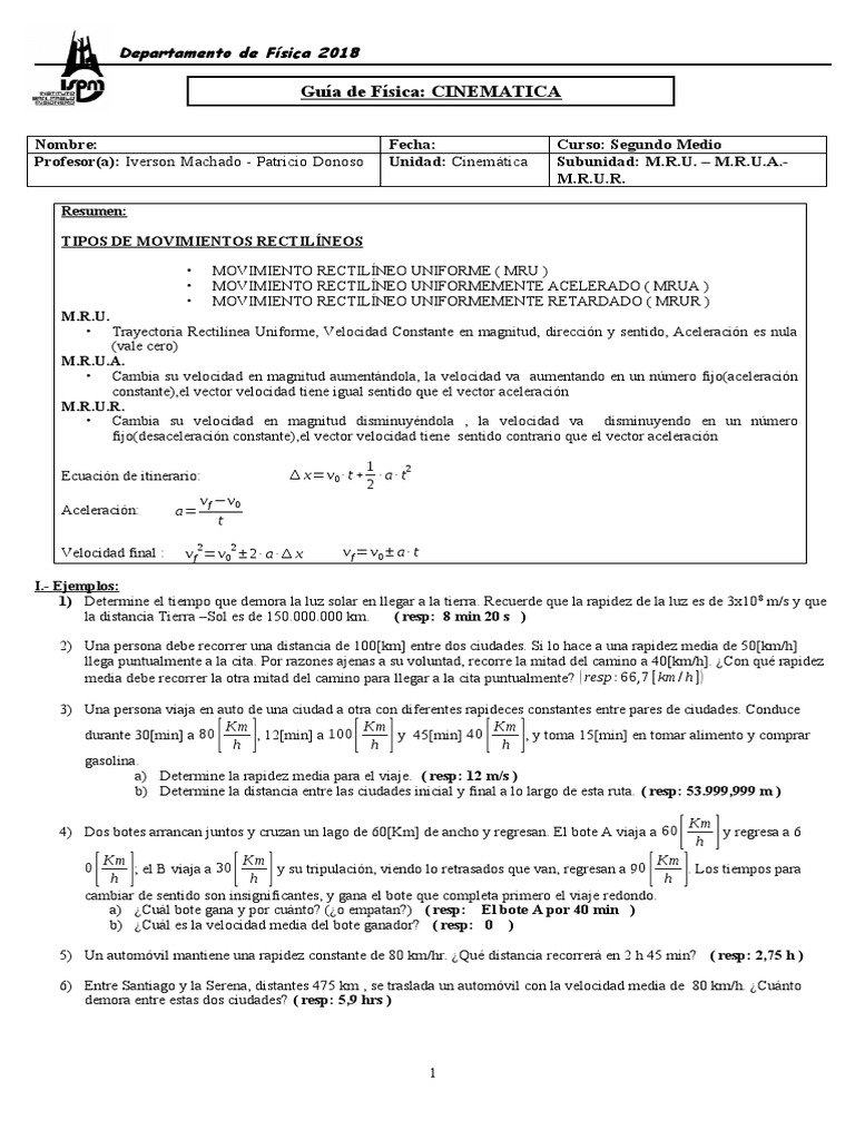 Guia de Ejercicios de Cinematica 2018 | PDF | Aceleración | Velocidad