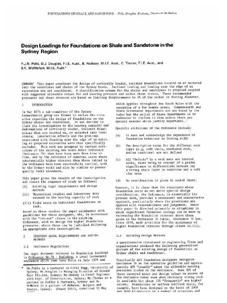 Pell 1978 Design Loadings For Foundations On Shale and Sandstone in The ...