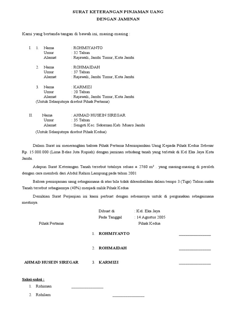 Surat Keterangan Pinjaman Uang | PDF