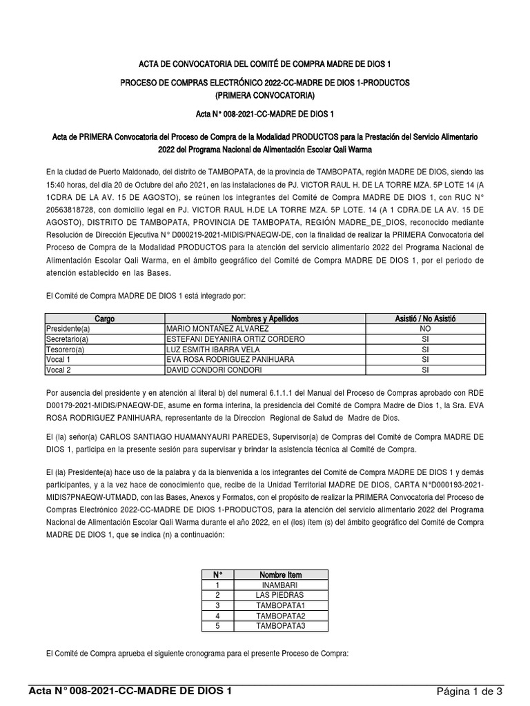 Comadrededios1prc1 Acta de Inicio de Comite de Compras | PDF