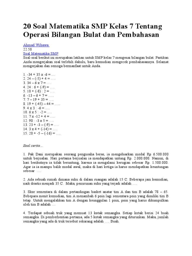 20 Soal Matematika SMP Kelas 7 Tentang Operasi Bilangan Bulat Dan Pembahasan | PDF