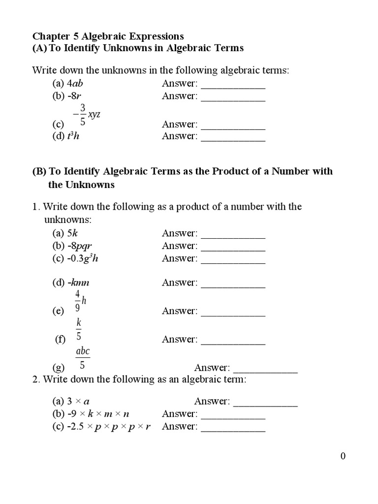 7th Grade Algebraic Expressions Worksheet | PDF | Mathematical Objects ...
