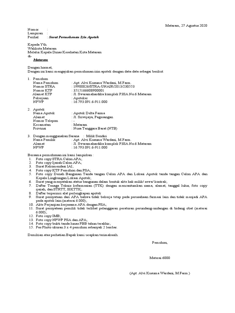 Surat Permohonan Izin Apotek | PDF