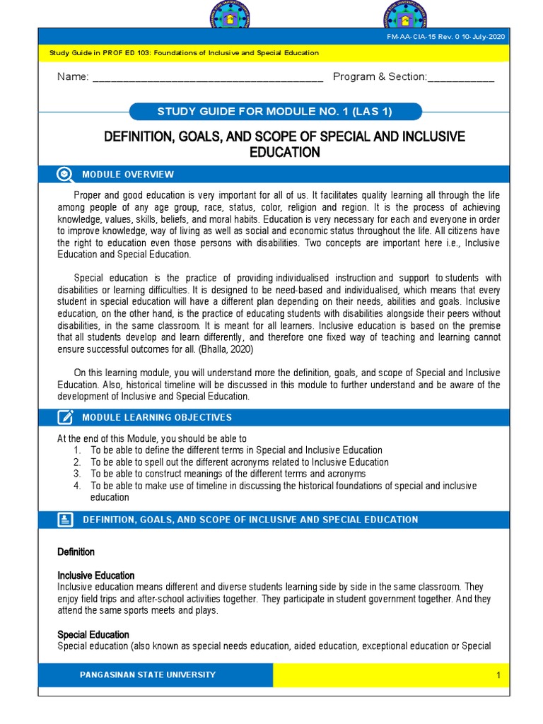 Definition, Goals, and Scope of Special and Inclusive Education | PDF ...