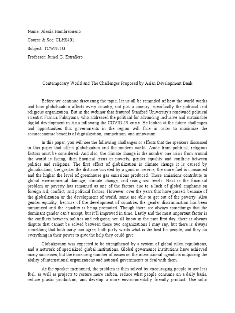 Contemporary World and The Challenges | PDF | Globalization | Climate ...