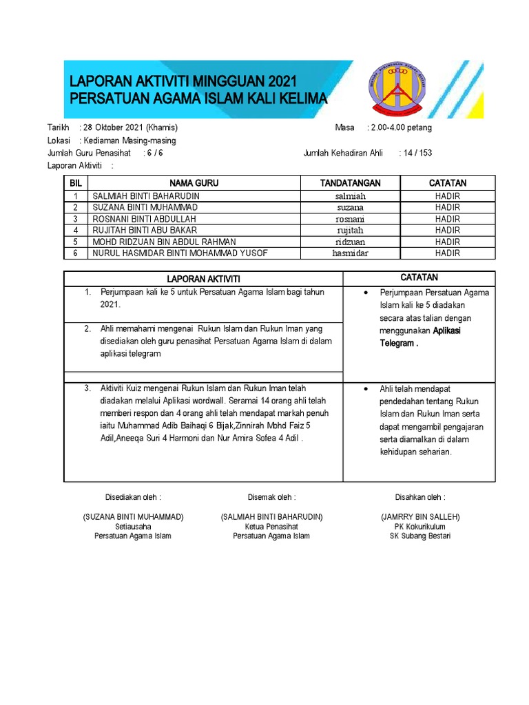 Laporan Aktiviti Mingguan 2021 Persatuan Agama Islam Kali Kelima | PDF