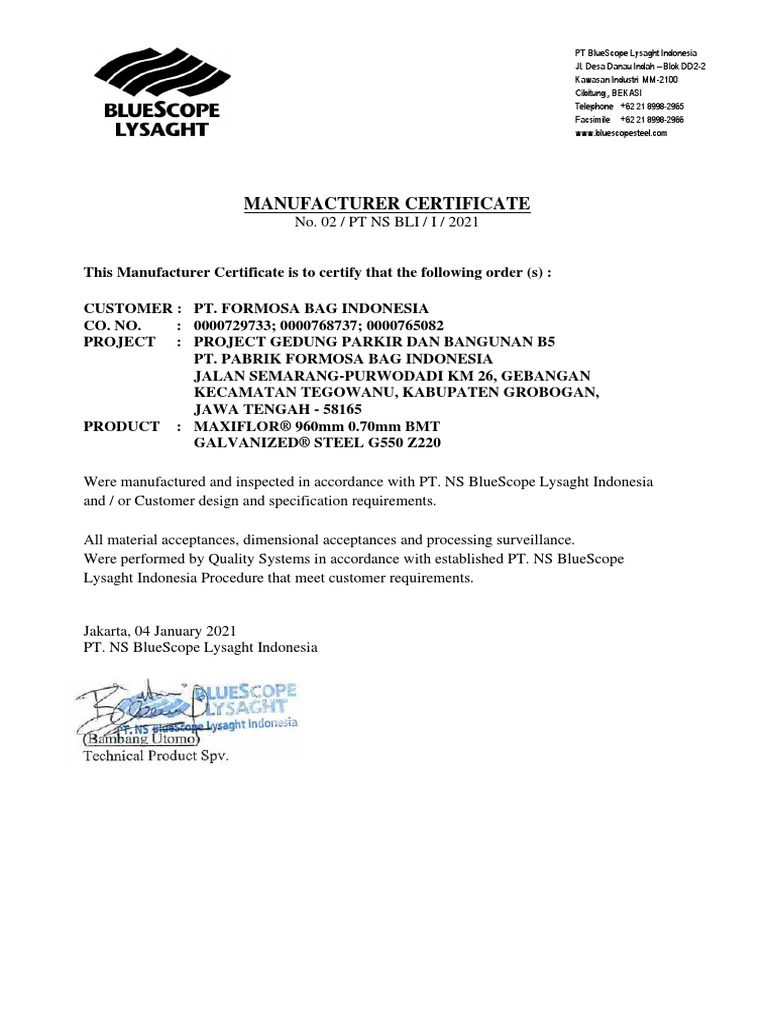 Manuf Cert Project Pabrik FORMOSA BAG INDONESIA | PDF