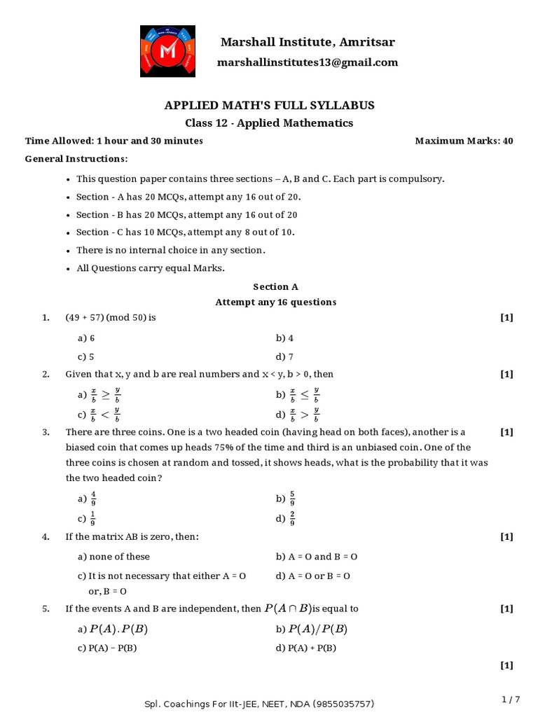 Class 12th Applied Maths 19-11-2021 | PDF | Matrix (Mathematics ...