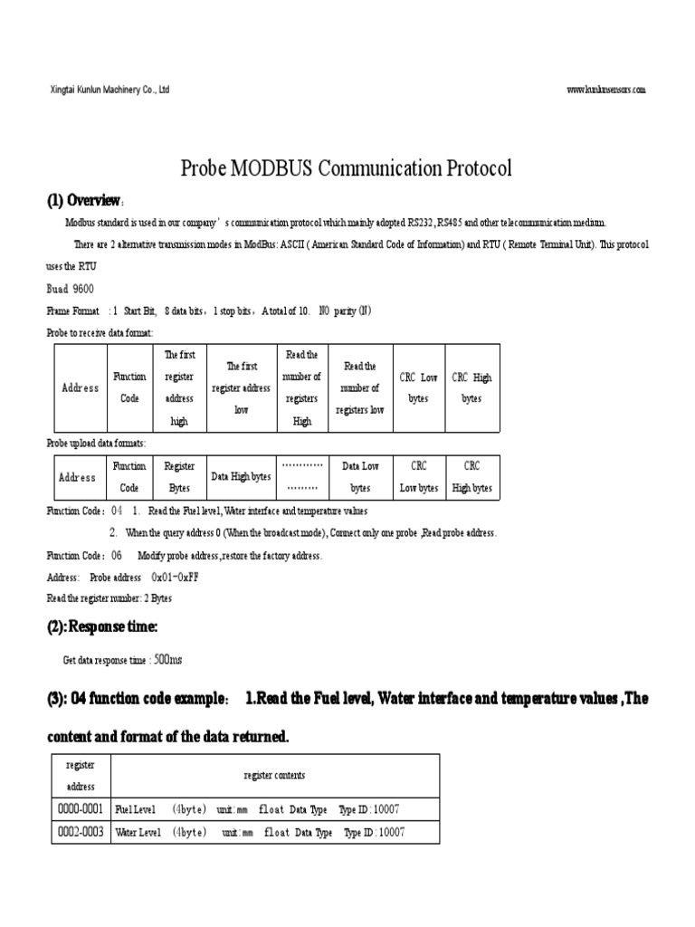 Probe MODBUS Communication Protocol: Buad 9600 1, NO (N) | PDF | Computing | Computer Engineering
