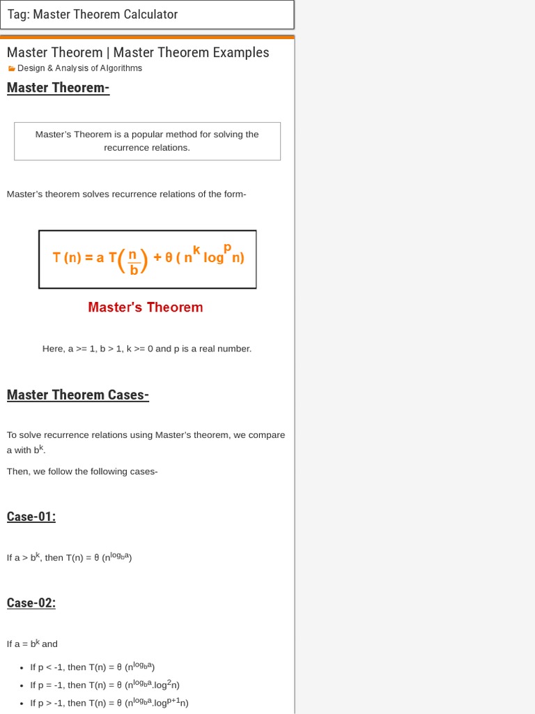 Master Theorem Calculator - Gate Vidyalay | PDF | Recurrence Relation | Theory Of Computation