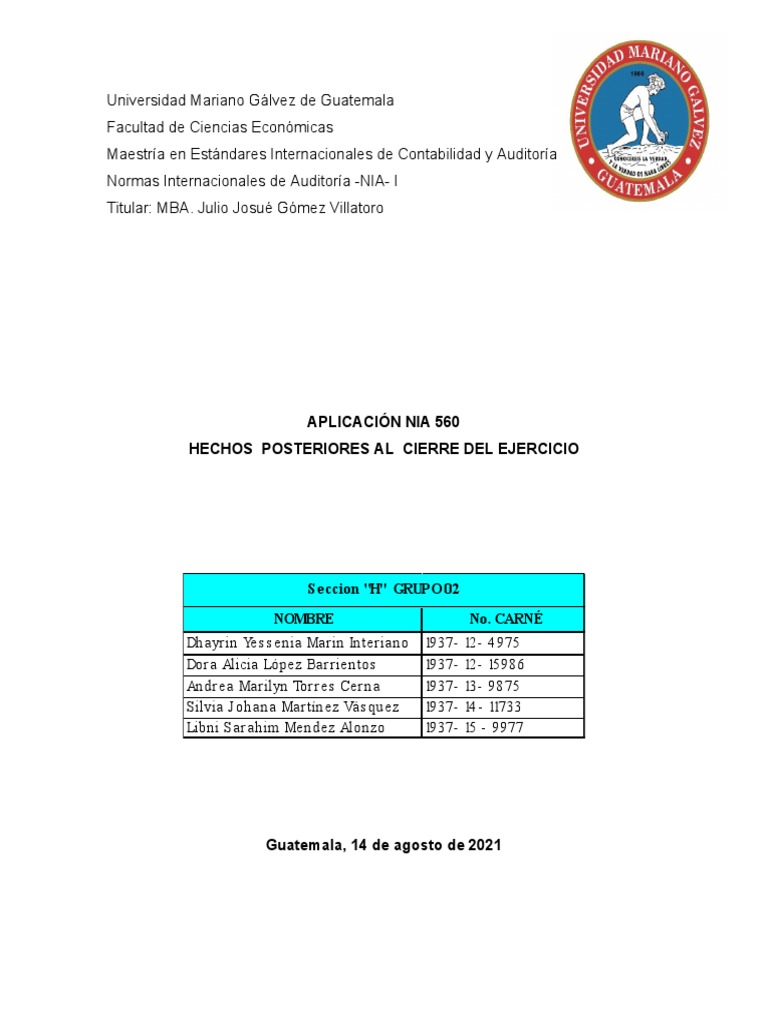 Nia 560 Caso de Aplicacion Grupo 2 Seccion H | PDF | Estado financiero ...
