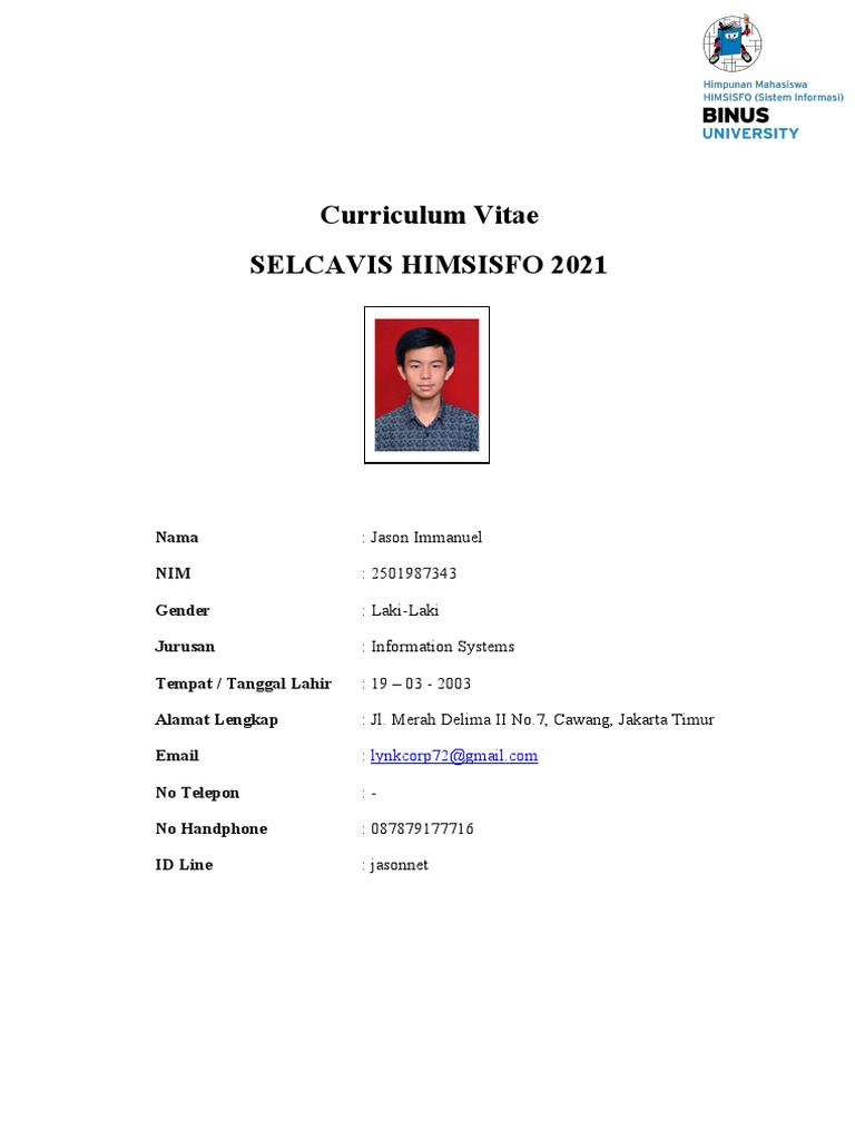 CV-Kemanggisan-Jason Immanuel-2501987343-Informasi | PDF