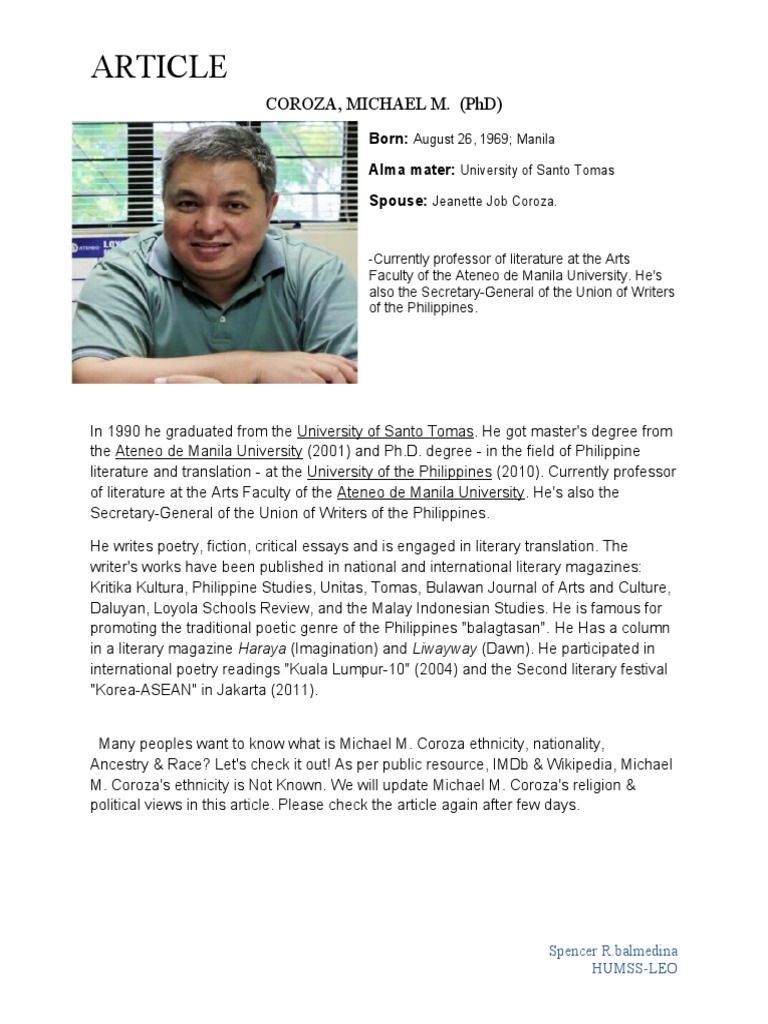 Michael M. Coroza: Biography and Works | PDF | Social Science | General ...