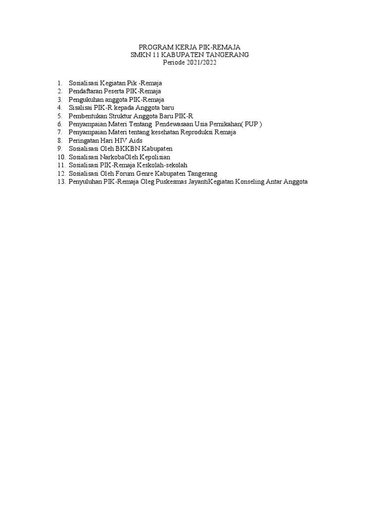 Program Kerja PIK-Remaja SMKN 11 | PDF