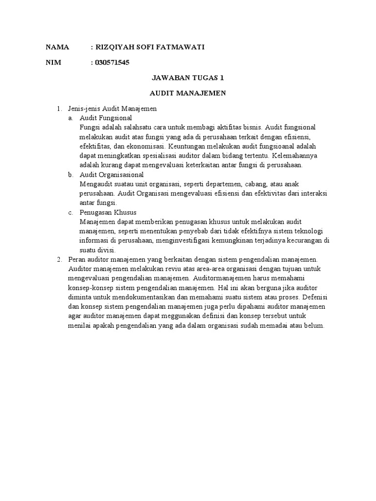 Jawaban Tugas 1 Audit Manajemen | PDF