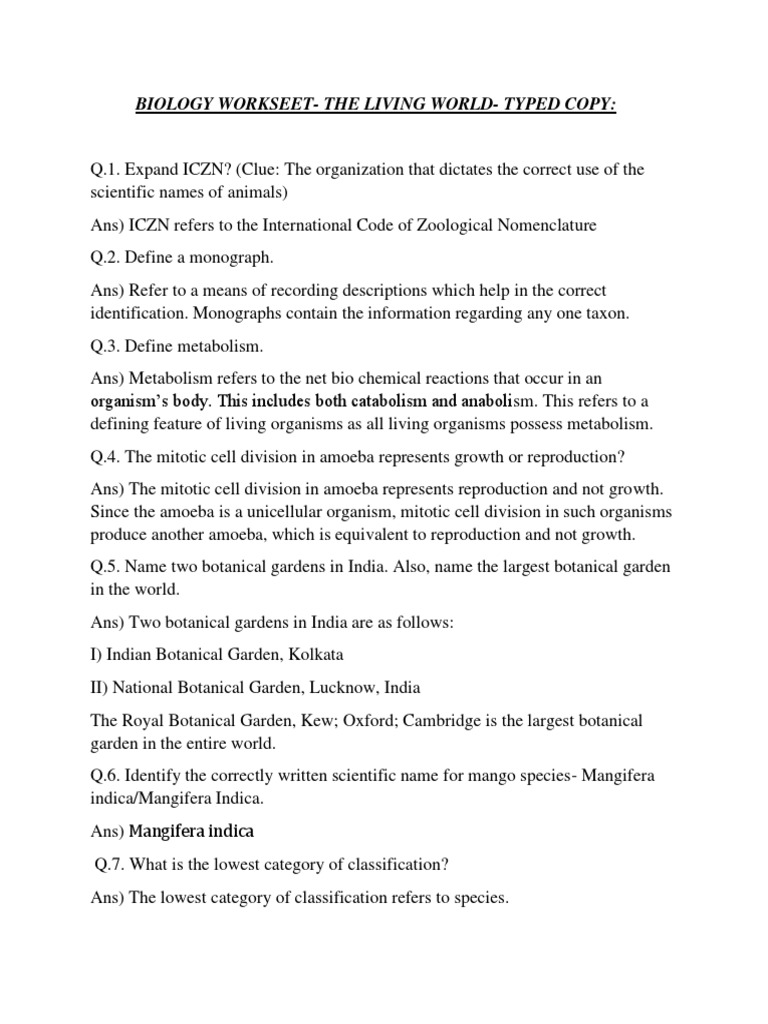 Class 6 Worksheet: Diversity in Living World | PDF | Taxonomy (Biology ...