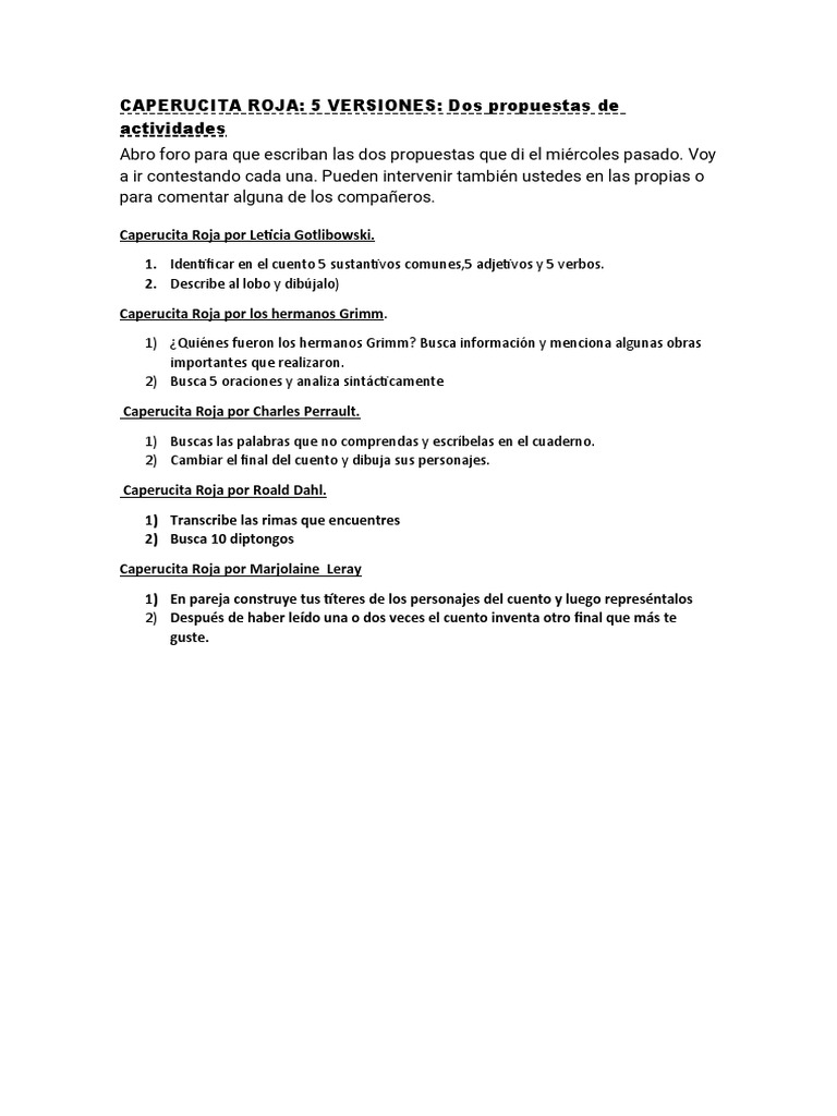 Actividades sobre Caperucita Roja | PDF