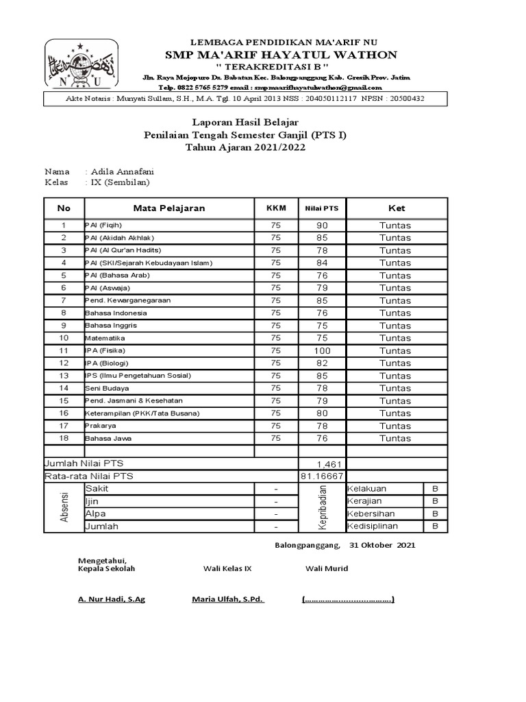 Format Excel Rapor Pts SMP Kelas 9 | PDF