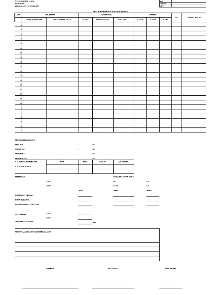 Form Laporan Harian Stasiun Boiler | PDF