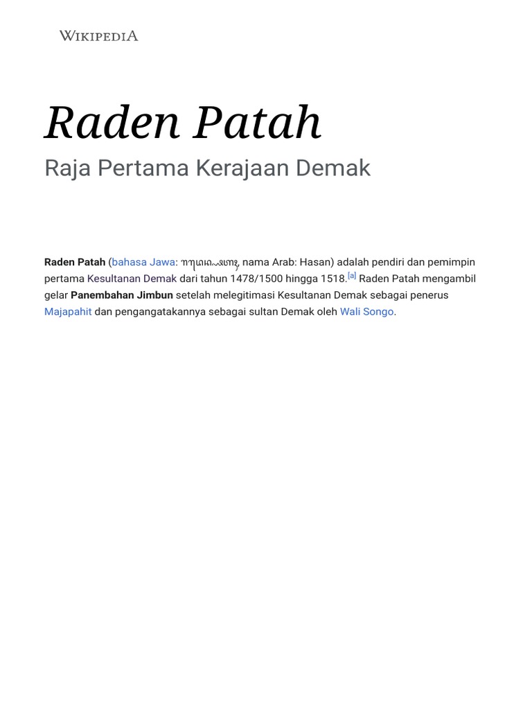 Biografi Raden Patah, Raja Demak Pertama | PDF | Sejarah