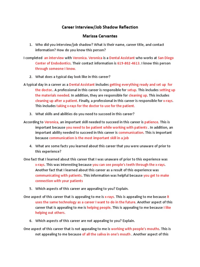 Career Interview Job Shadow Reflection-Marissa Cervantes 1 | PDF ...