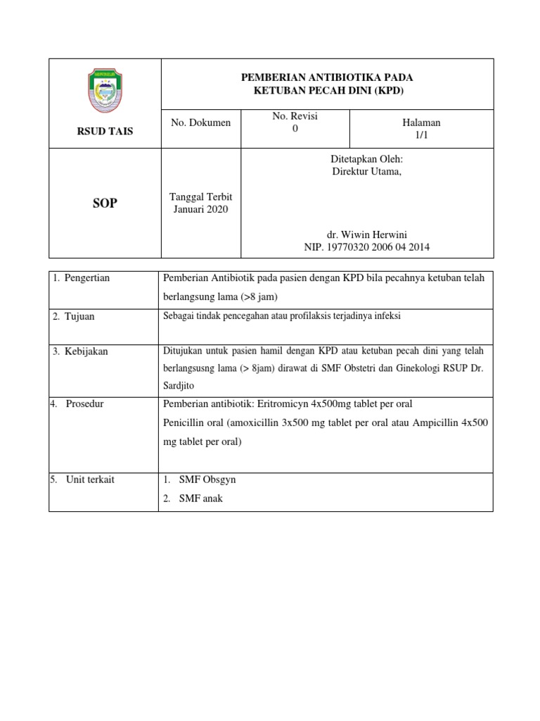 Sop Pemberian Antibiotika Pada Pasien KPD Terbaru | PDF