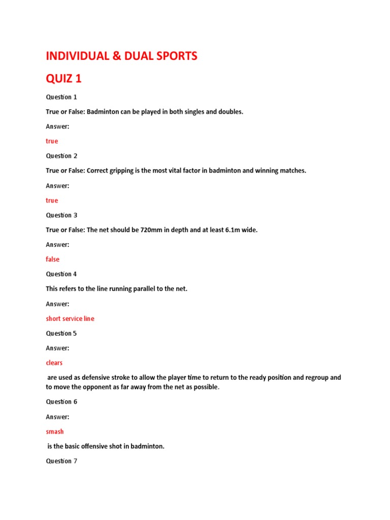 Individual & Dual Sports Quiz 1 | PDF | Table Tennis | Racquet Sports