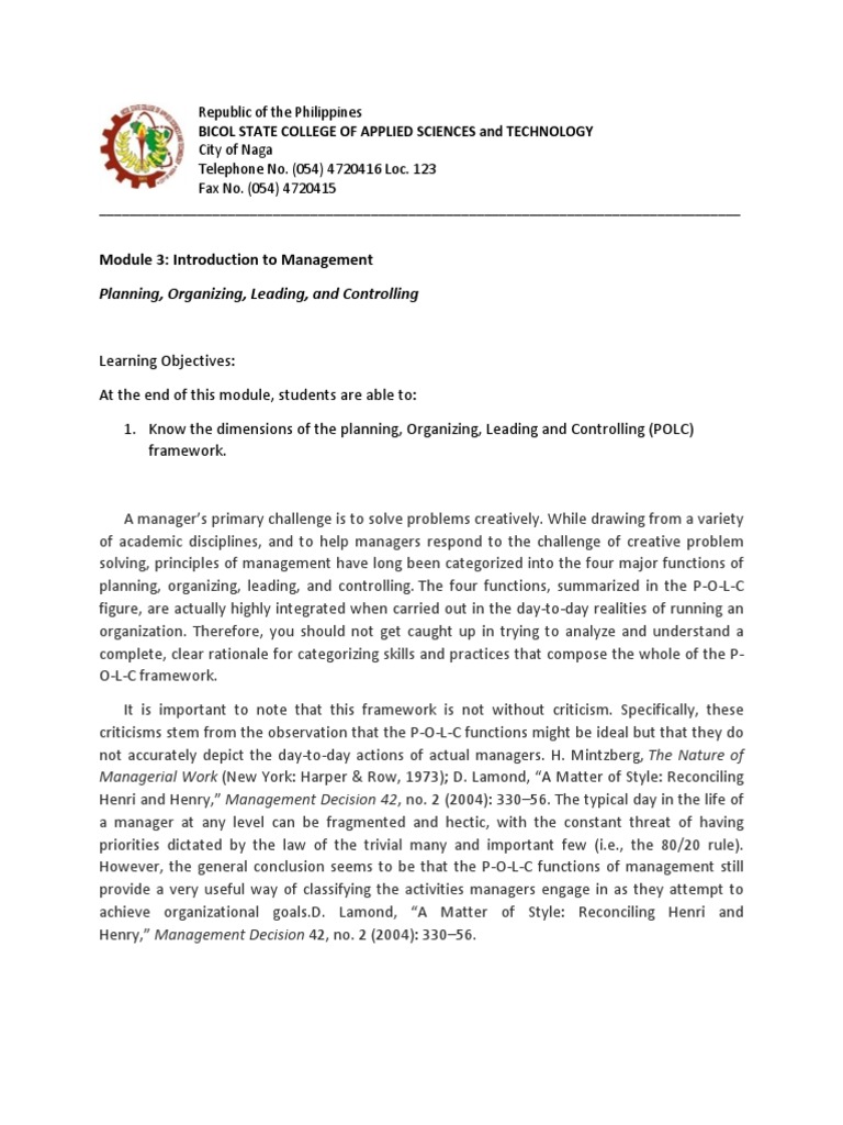 Module 3 Planning Organizing Leading and Controlling | PDF | Leadership ...
