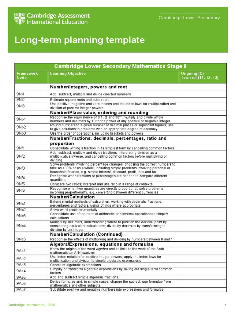 Long-Term Planning Template: Cambridge Lower Secondary Mathematics ...