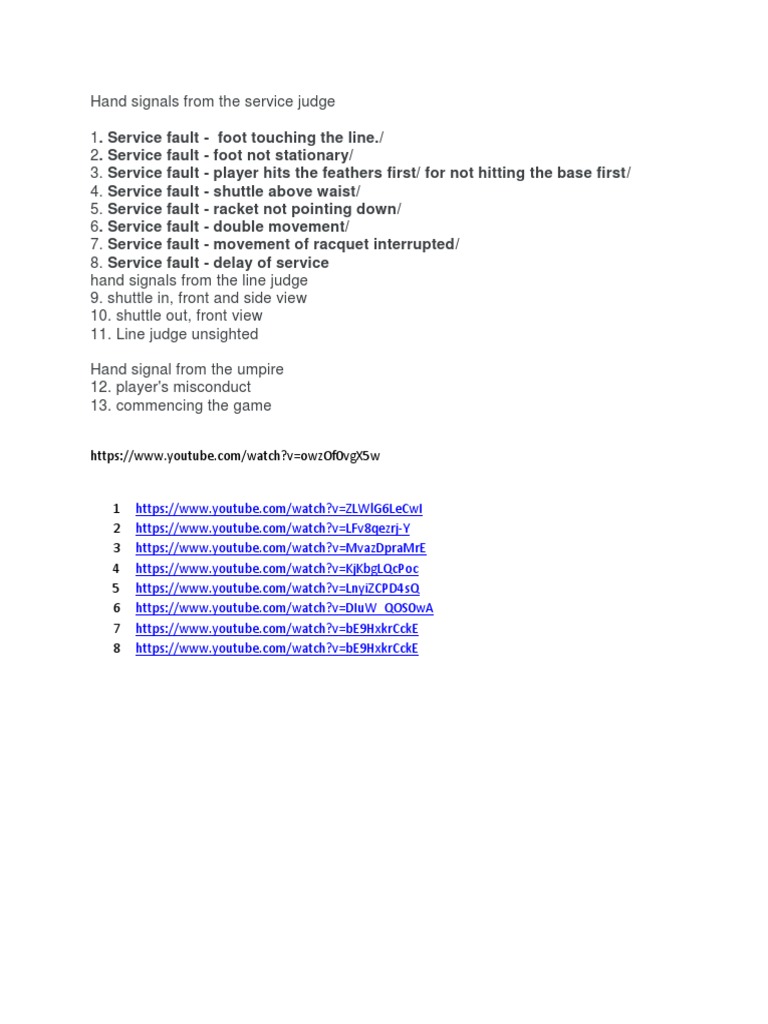 Service Judge Hand Signals in Badminton | PDF | Technology ...