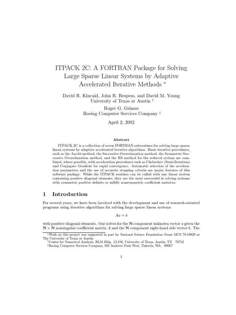 ITPACK 2C: A FORTRAN Package For Solving Large Sparse Linear Systems by ...