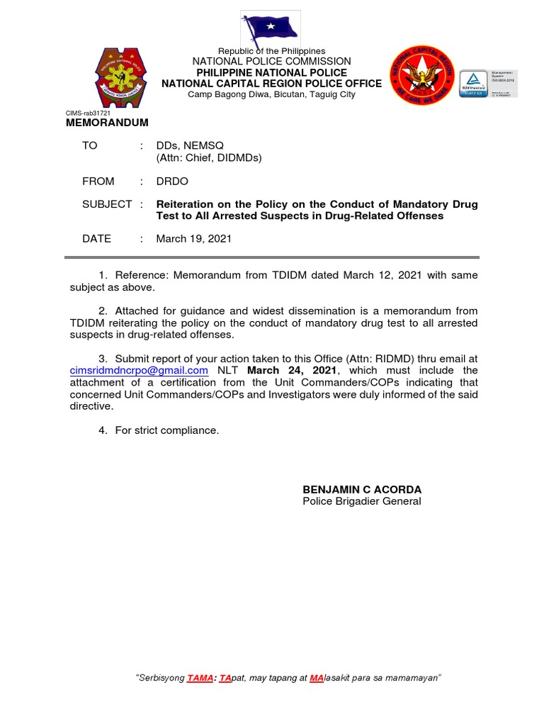 Memo For NEMSQ - Reiteration On The Policy On The Conduct of Mandatory ...