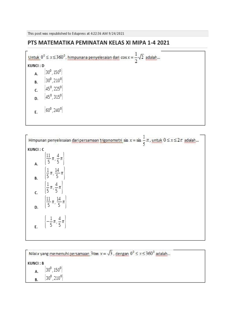 Aulia - Soal Pts Ganjil MTK Peminatan Kls Xi Mipa 1-4 2021 | PDF