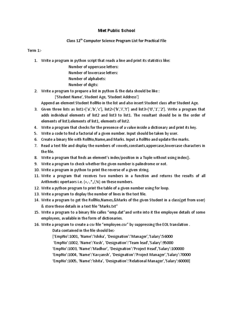 Miet Public School Class 12 Computer Science Program List For Practical File | PDF | Table ...
